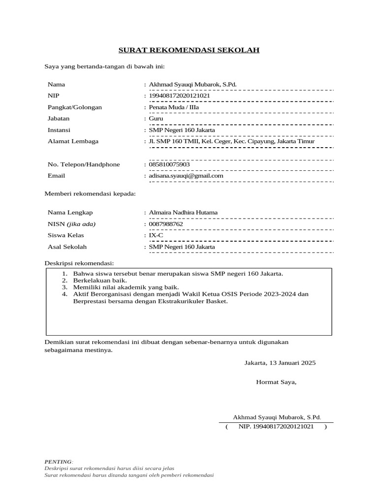 Contoh Format Surat Rekomendasi | PDF