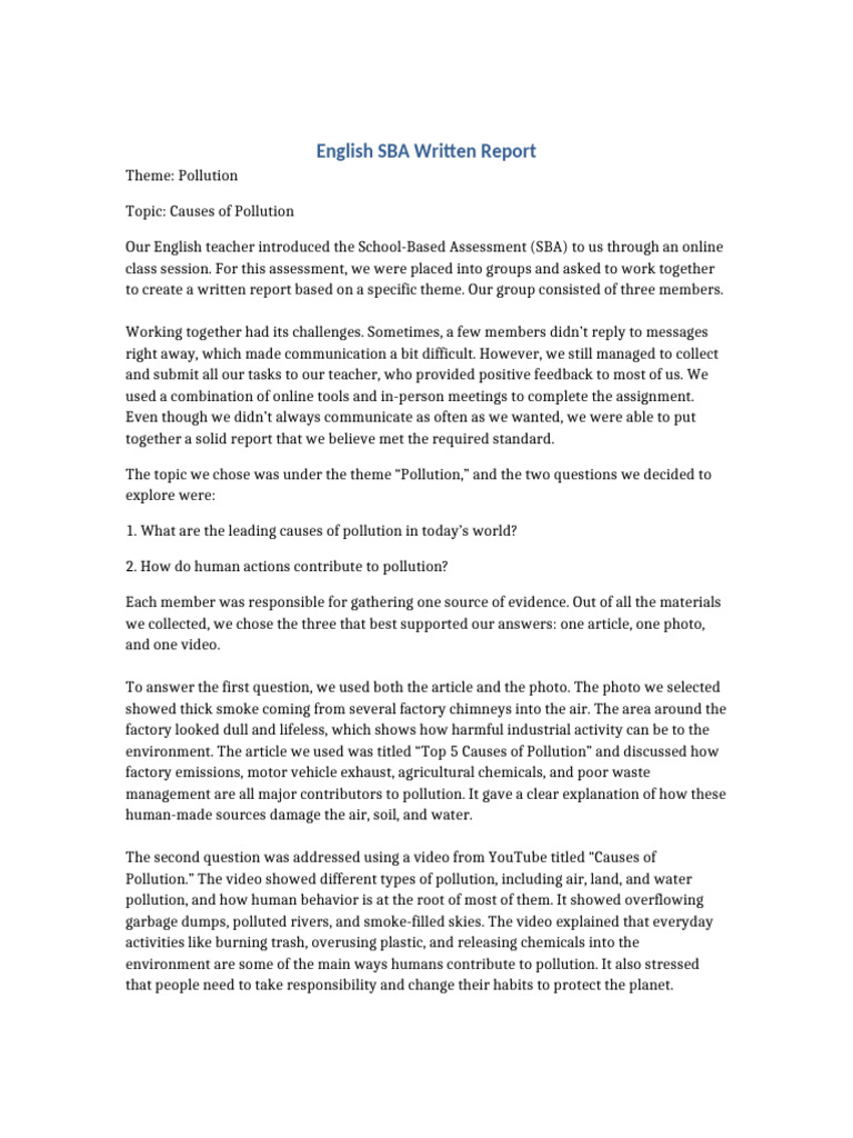 English SBA Report Pollution | PDF | Pollution | Environment