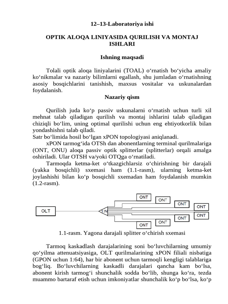 12-13-Laboratoriya Ishi Optik Aloqa Liniyasida Qurilish Va Montaj Ishlari Ishning Maqsadi | PDF