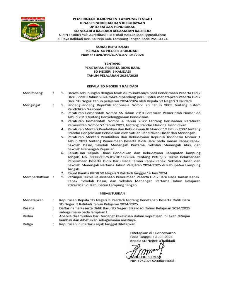 Penetapan Peserta Didik Baru SD 2024/2025 | PDF