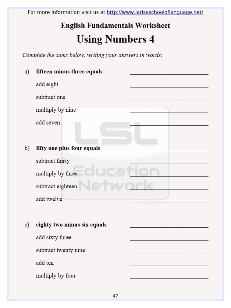 English Fundamentals: Numbers Worksheet | PDF