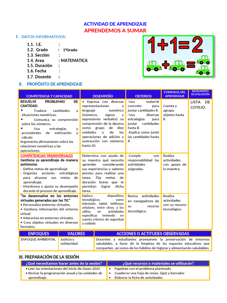 d5 A1 Sesion Mat. Aprendemos A Sumar | PDF | Aprendizaje | Evaluación