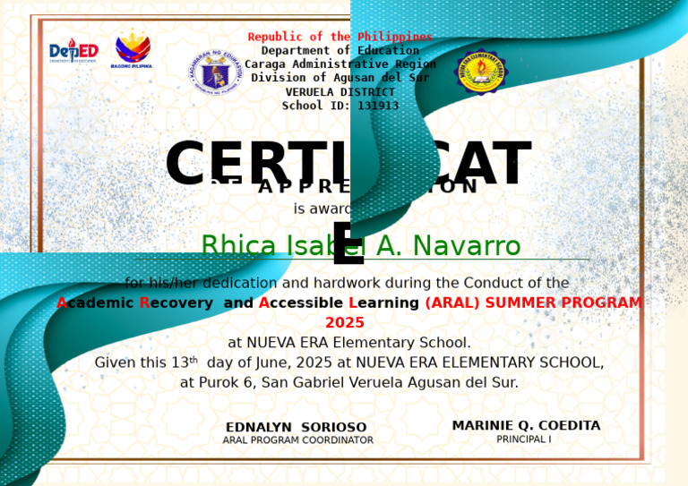 ARAL Program Certificate of Appreciation | PDF