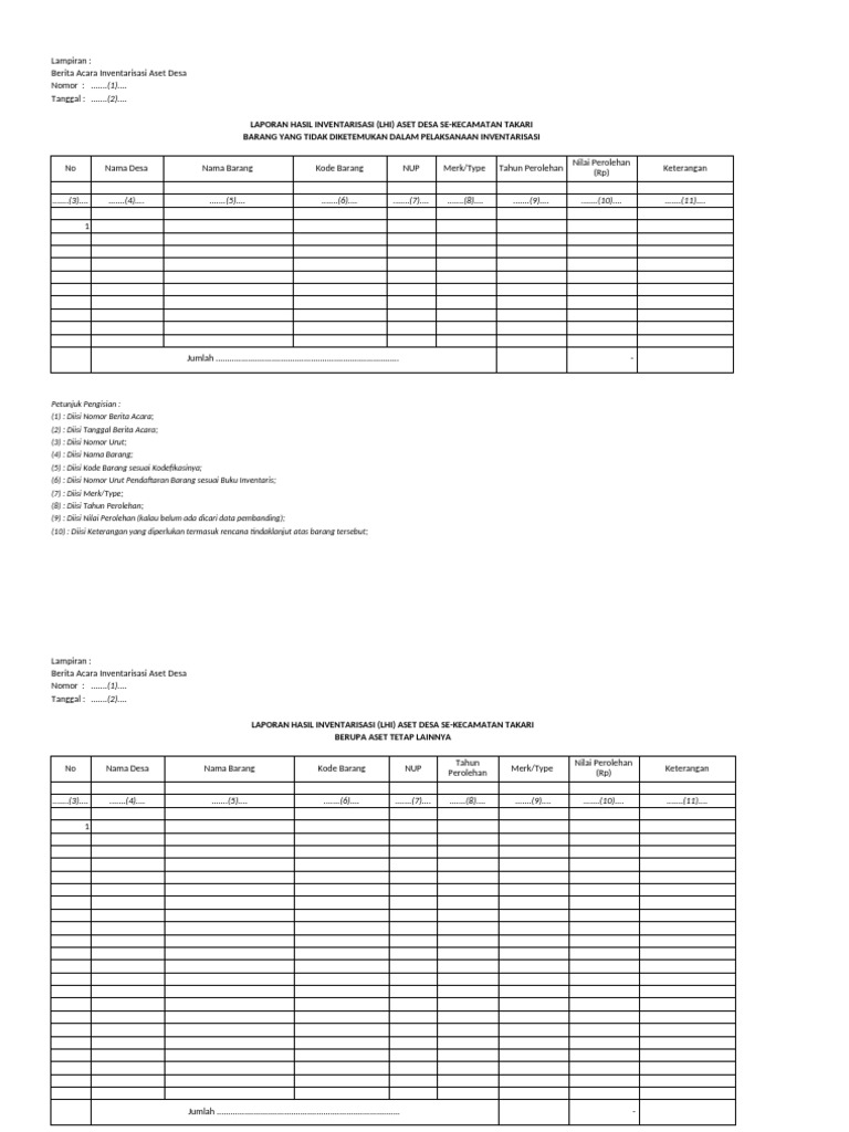 Format Data Aset Desa Tahun 2025 | PDF