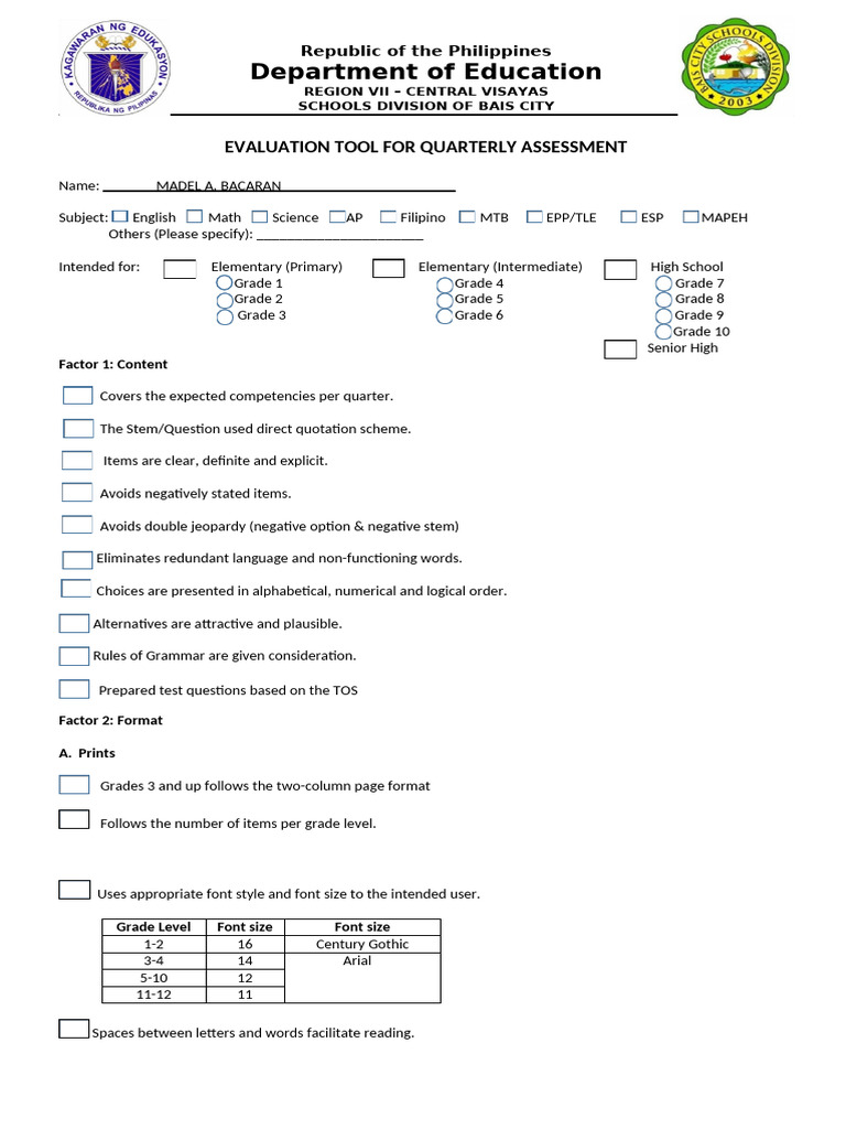 Quarterly Assessment Evaluation Tool | PDF | Typefaces