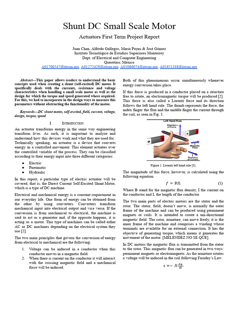 Shunt DC Motor Actuator Design Report | PDF | Electric Motor | Electricity