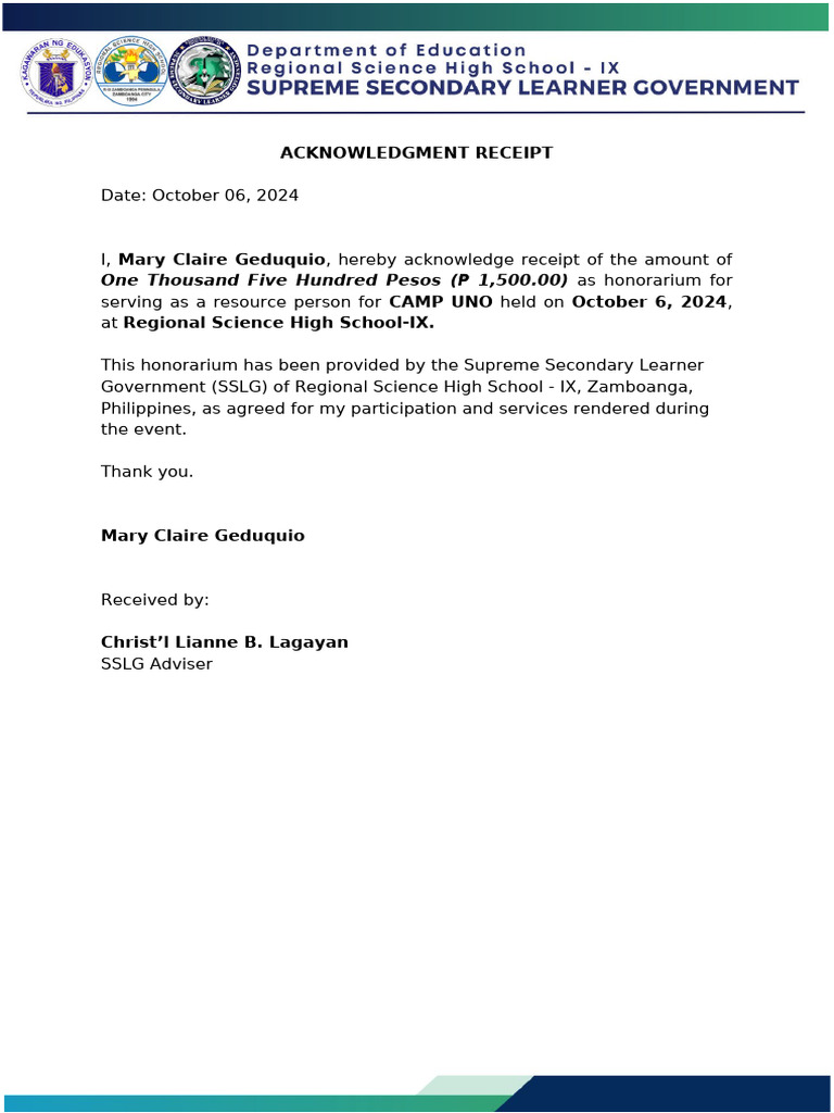 Camp Uno Acknowledgement Receipt (Honorarium) | PDF