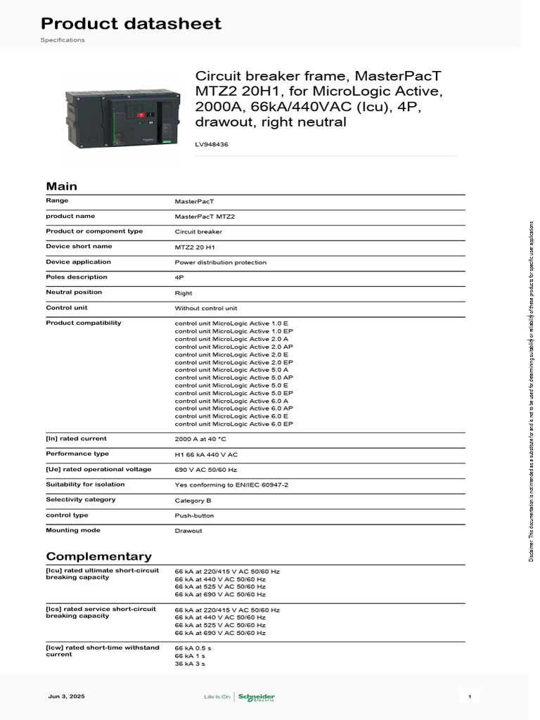 MasterPacT MTZ2 20H1 Circuit Breaker | PDF | Alternating Current ...