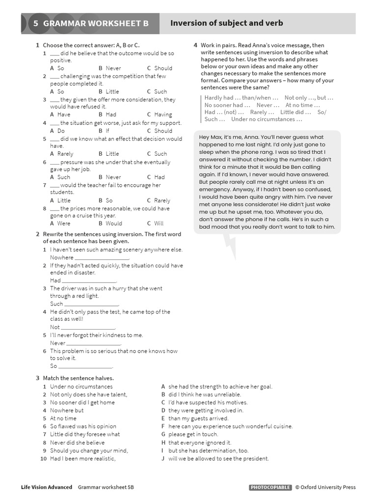 Life Vision Adv Gram Worksheet B U5 | PDF