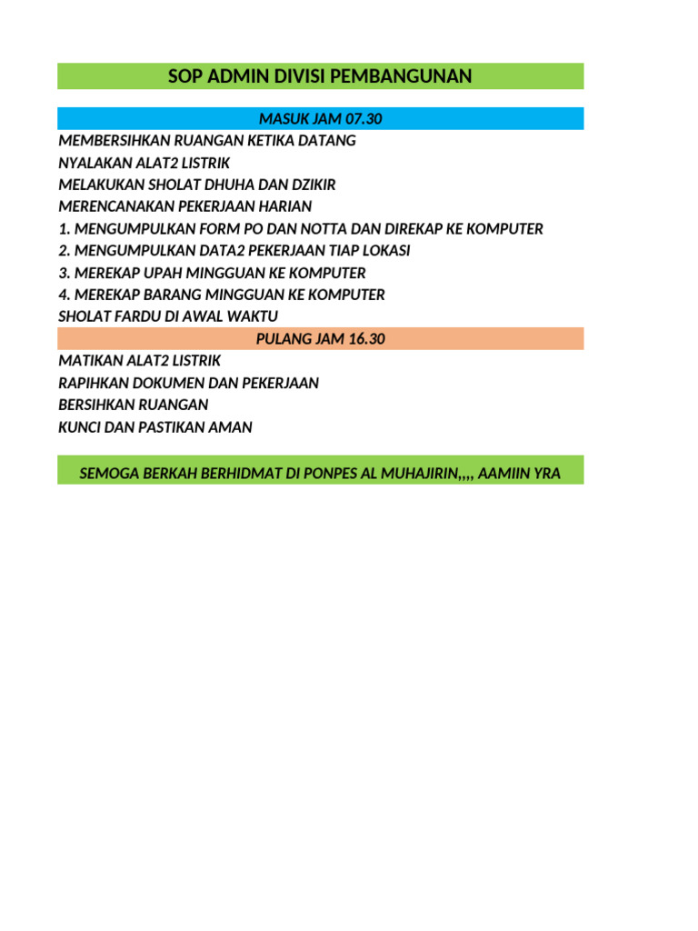 SOP Harian Admin Divisi Pembangunan | PDF