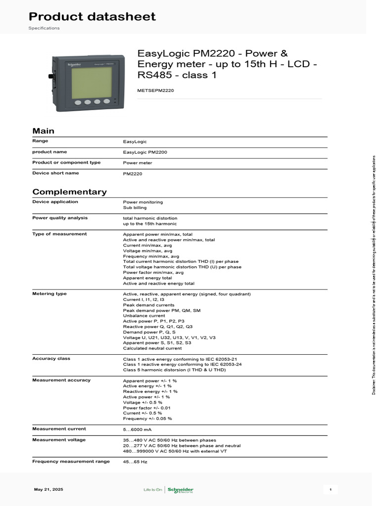 Schneider Electric EasyLogic PM2000 Power Meters METSEPM2220 | PDF ...