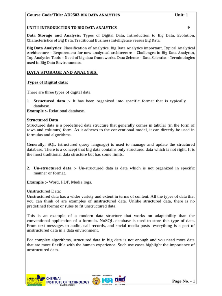 Big Data Analytics Unit-1 New 2025 | PDF | Analytics | Big Data