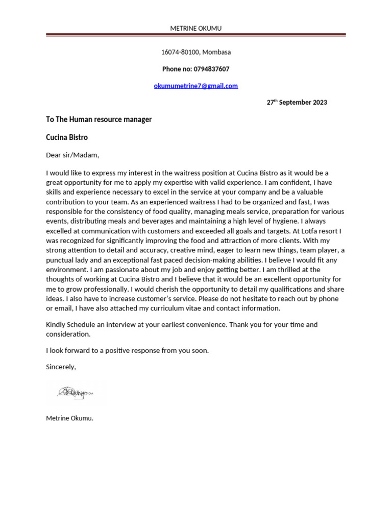 Metrine Application For Waitress | PDF