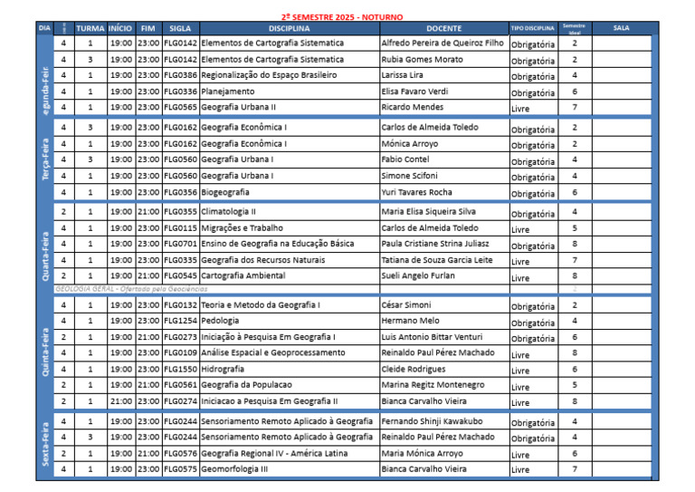Horário 2º 2025 Noturno | PDF | Science | Ciências naturais