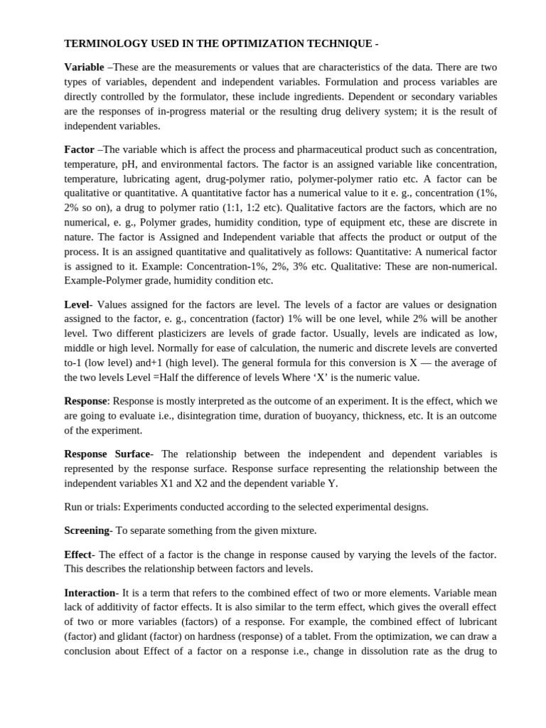 Terminology Used in The Optimization Technique | PDF | Experiment ...