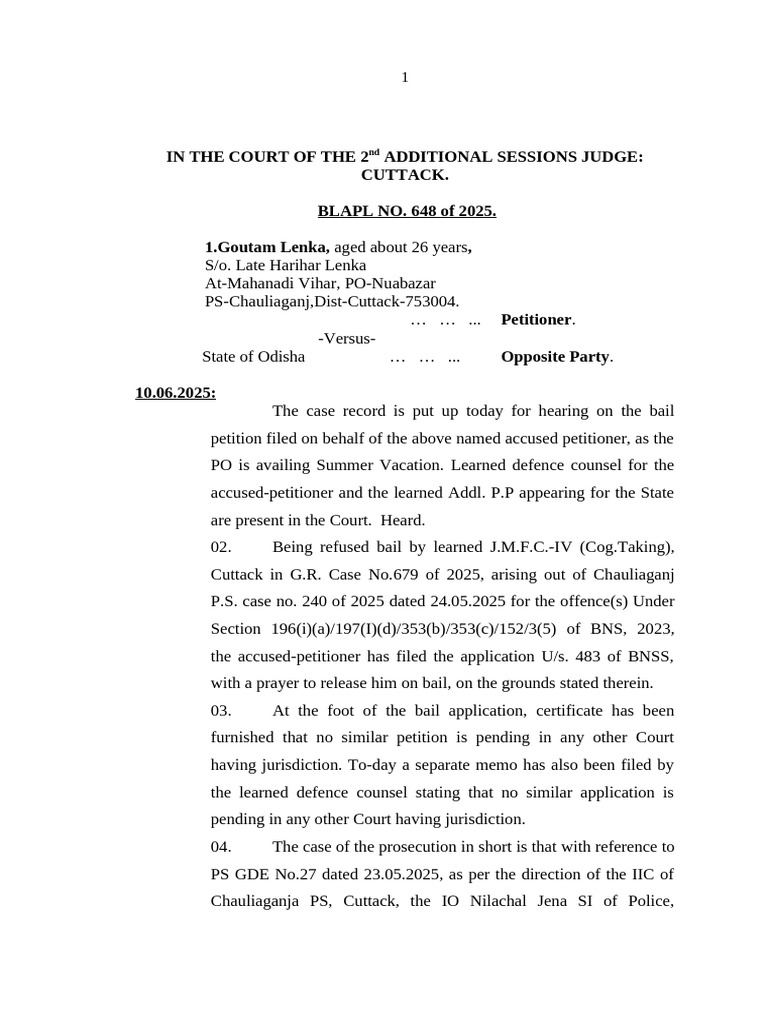Goutam Lenka Bail Rejection Order Sessions Court | PDF | Bail | Crime ...