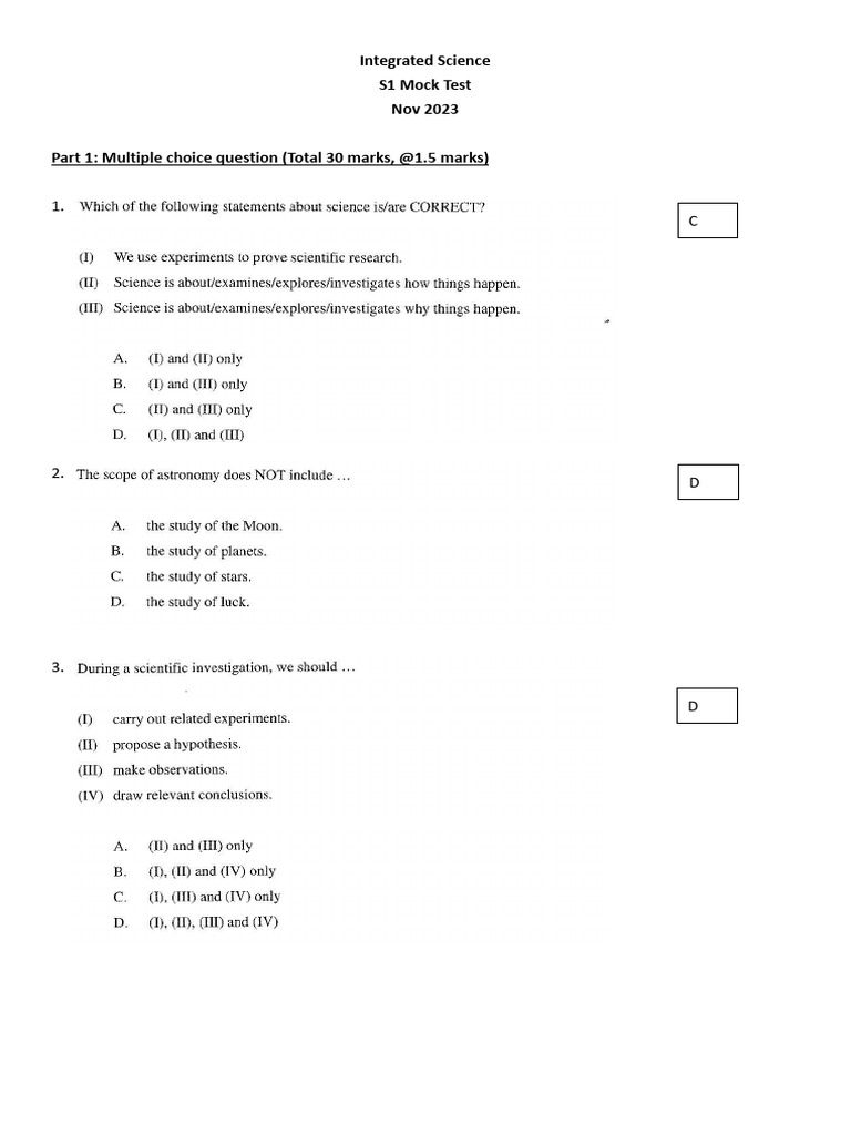 Integrated Science S1 Mock Test Chapter 1 (Answer Key) | PDF