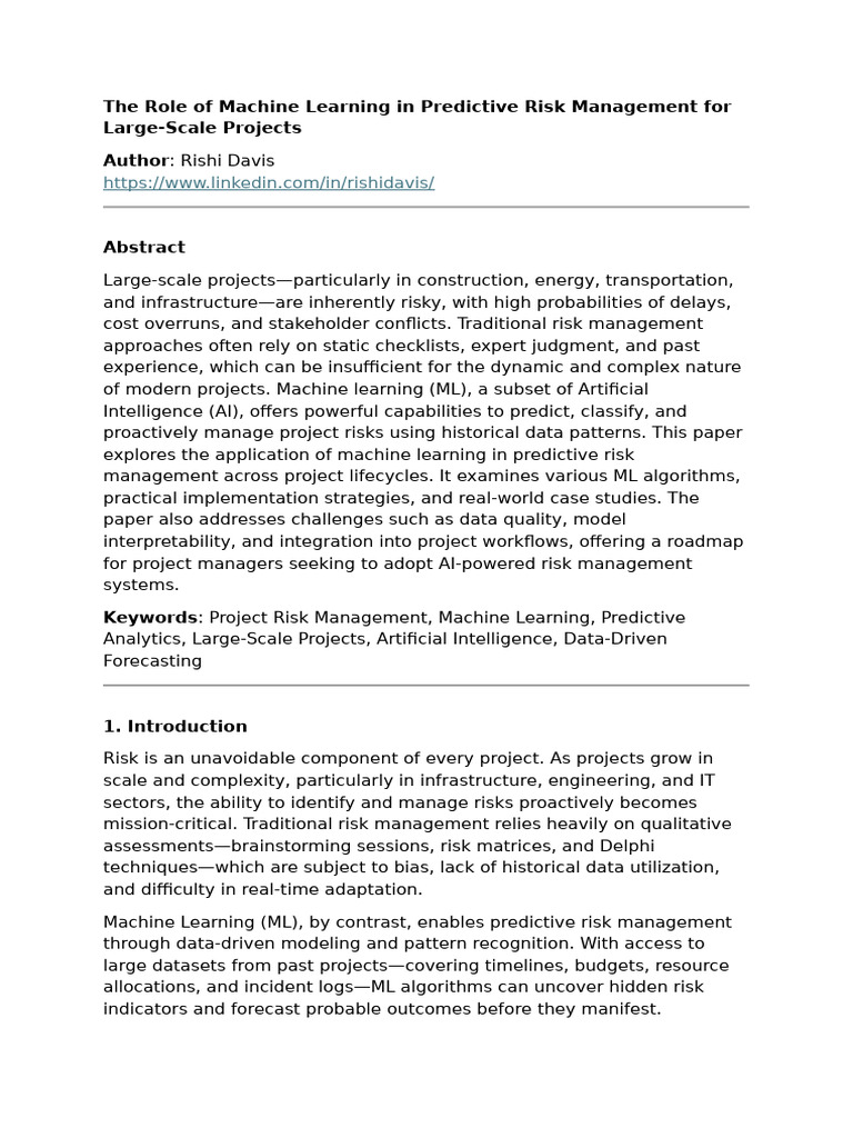 The Role of Machine Learning in Predictive Risk Management For Large Scale Projects Large | PDF ...