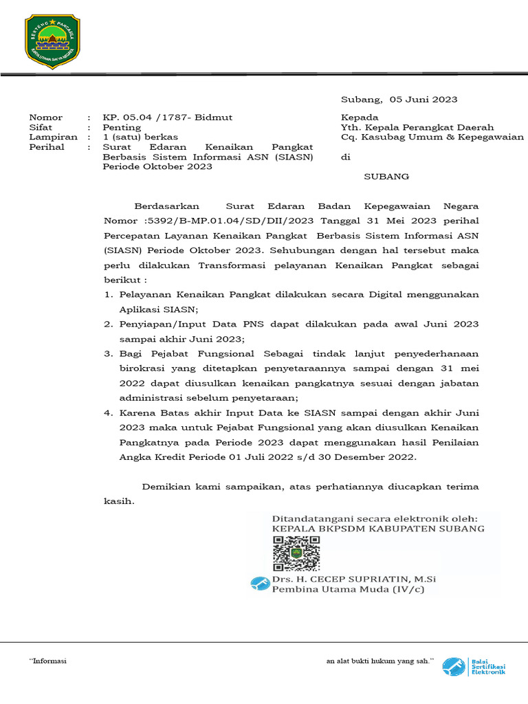 Surat Edaran Pangkat SIASN Oktb 2023 - Signed - Signed | PDF