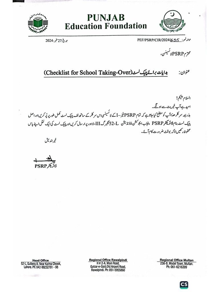 Cir PSRP Checklist For School Taking Over 270924 | PDF