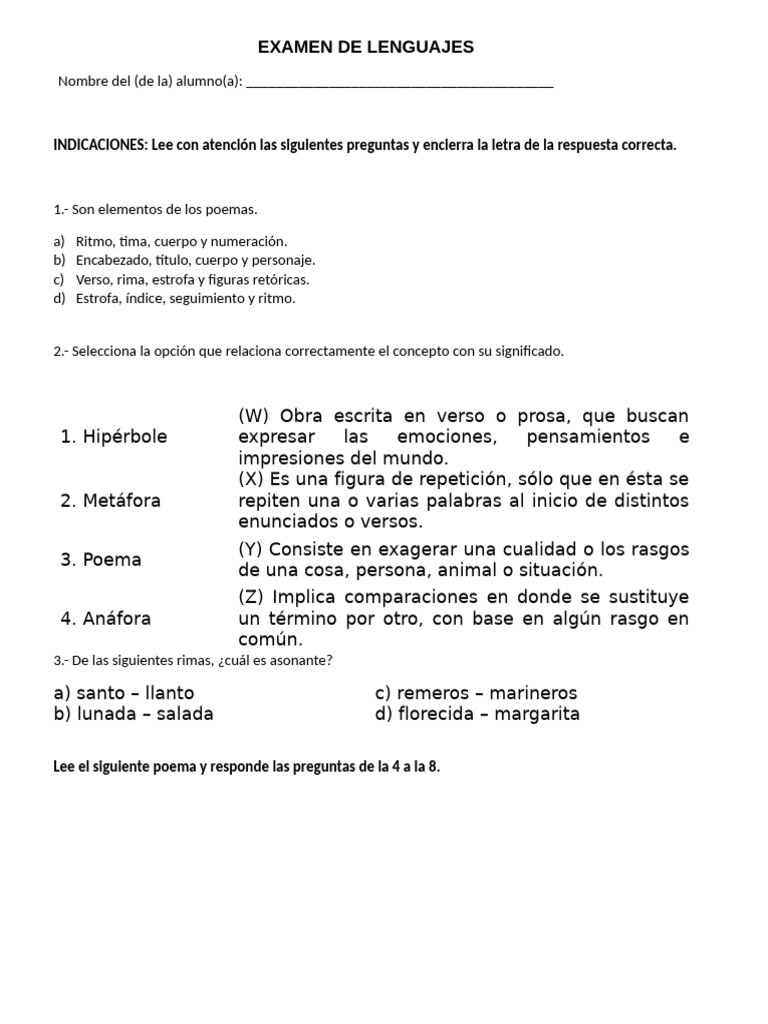 Examen de Lengua y Poemas: Preguntas Clave | PDF