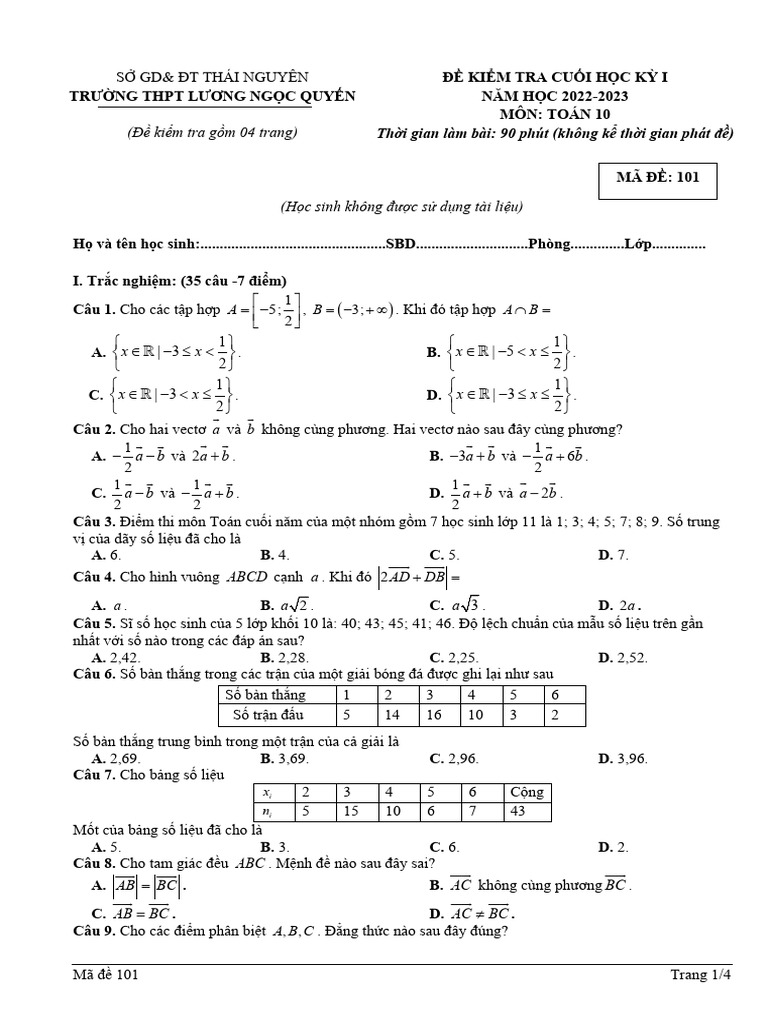 De Cuoi Hoc Ky 1 Toan 10 Nam 2022 2023 THPT Luong Ngoc Quyen Thai Nguyen | PDF