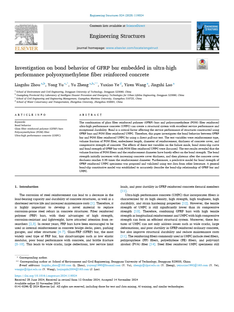 Investigation On Bond Behavior of GFRP Bar Embedded in Ultra-High ...