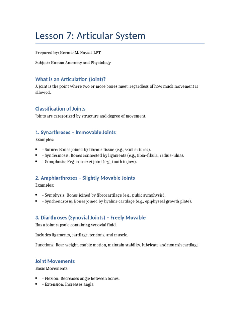 Lesson 7 Articular System | PDF | Anatomical Terms Of Motion | Joint