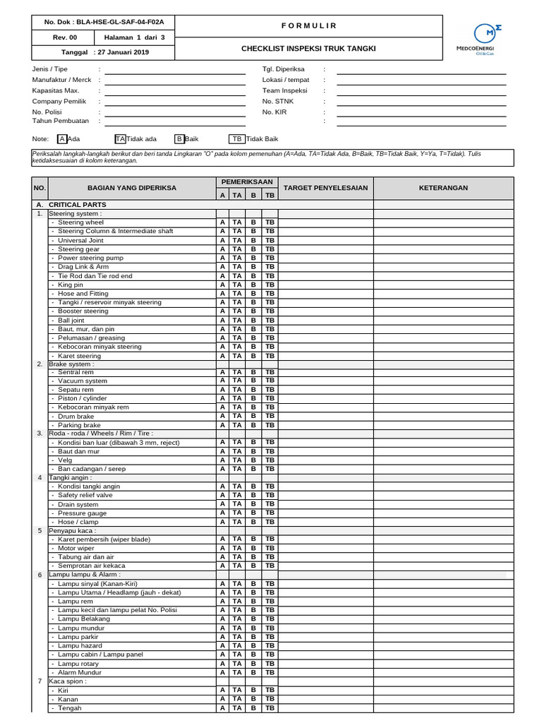 f02. Form Inspeksi Truck Block A | PDF