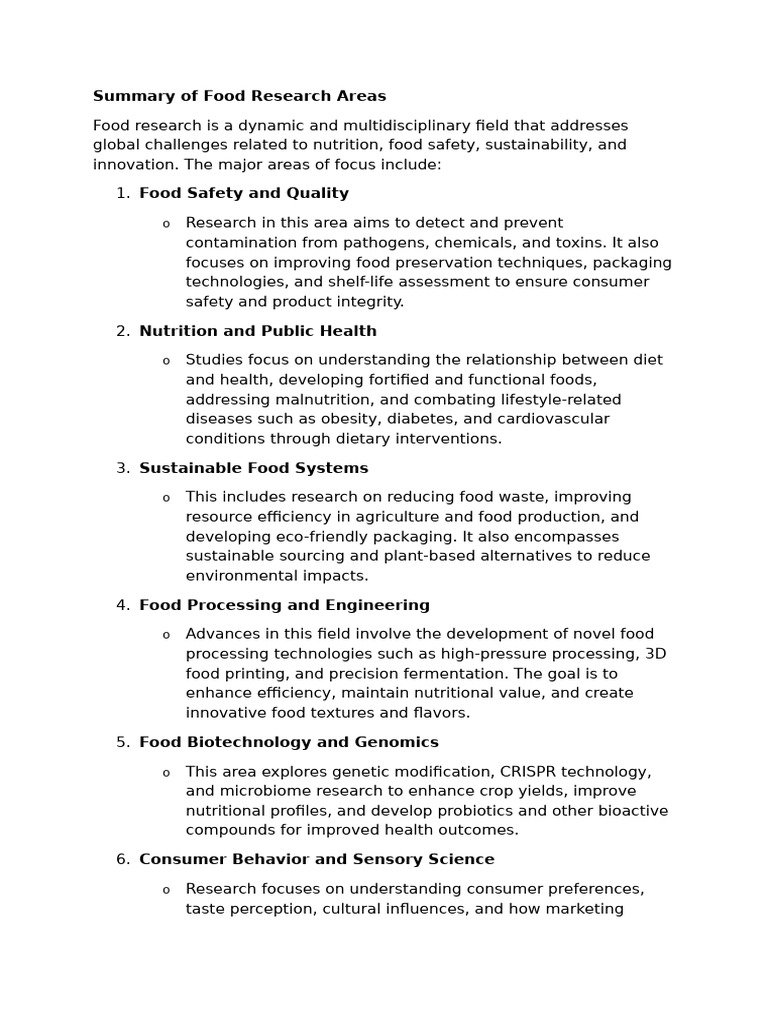 Key Areas in Food Research Summary | PDF | Foods | Sustainability