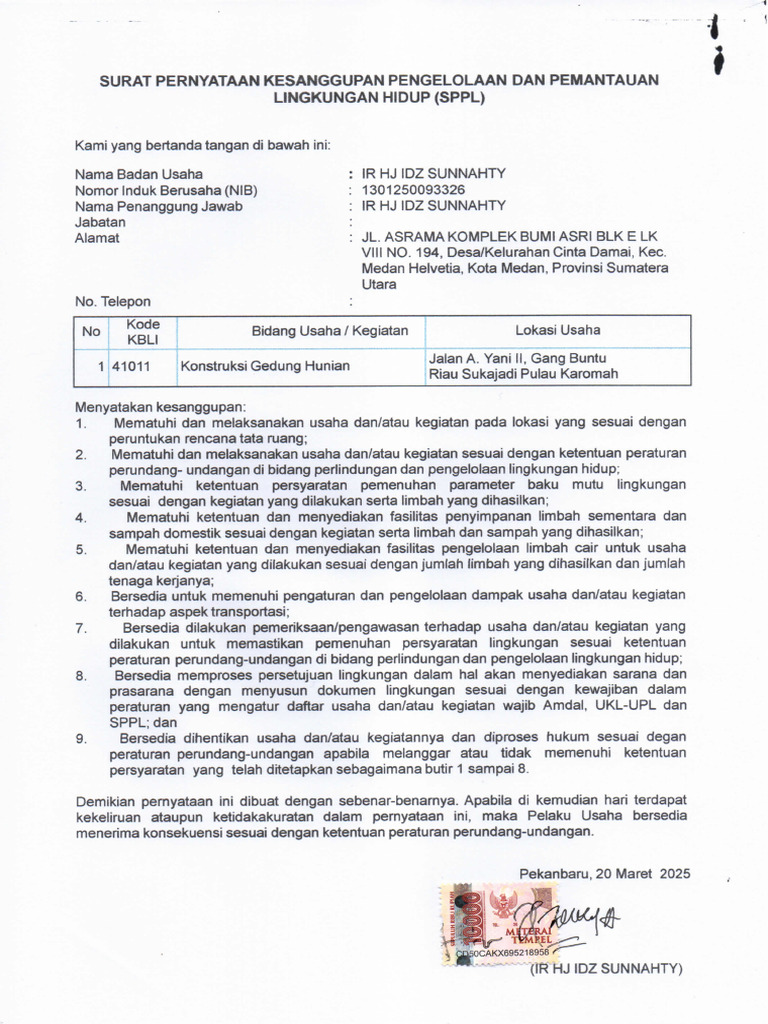 Surat Pernyataan Pemrakarsa Bahwa Persetujuan Lingkungan Yang Diajukan ...