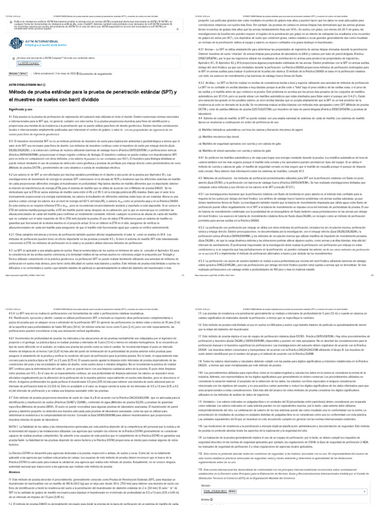 Método SPT y muestreo de suelos ASTM | PDF | Perforación | Martillo