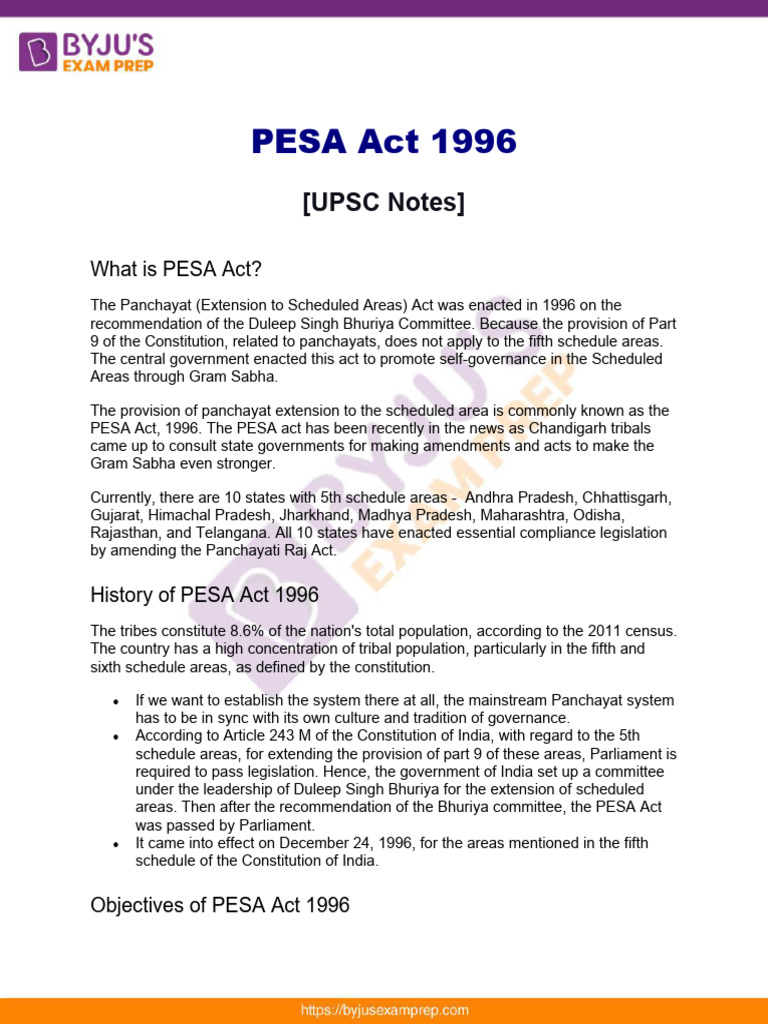 Pesa Act 1996 Upsc Notes 40 | PDF | Governance | Legal Documents
