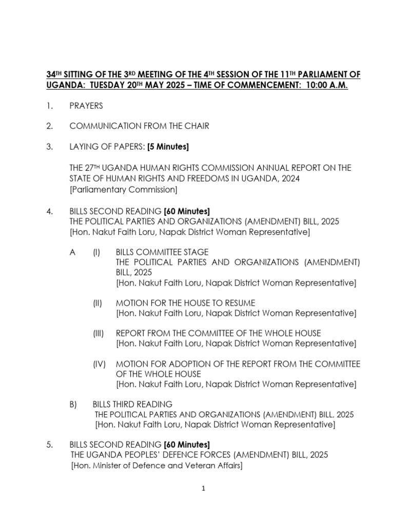 Order Paper For Tuesday, 20th May 2025 (34th Sitting) | PDF | Committee | Government
