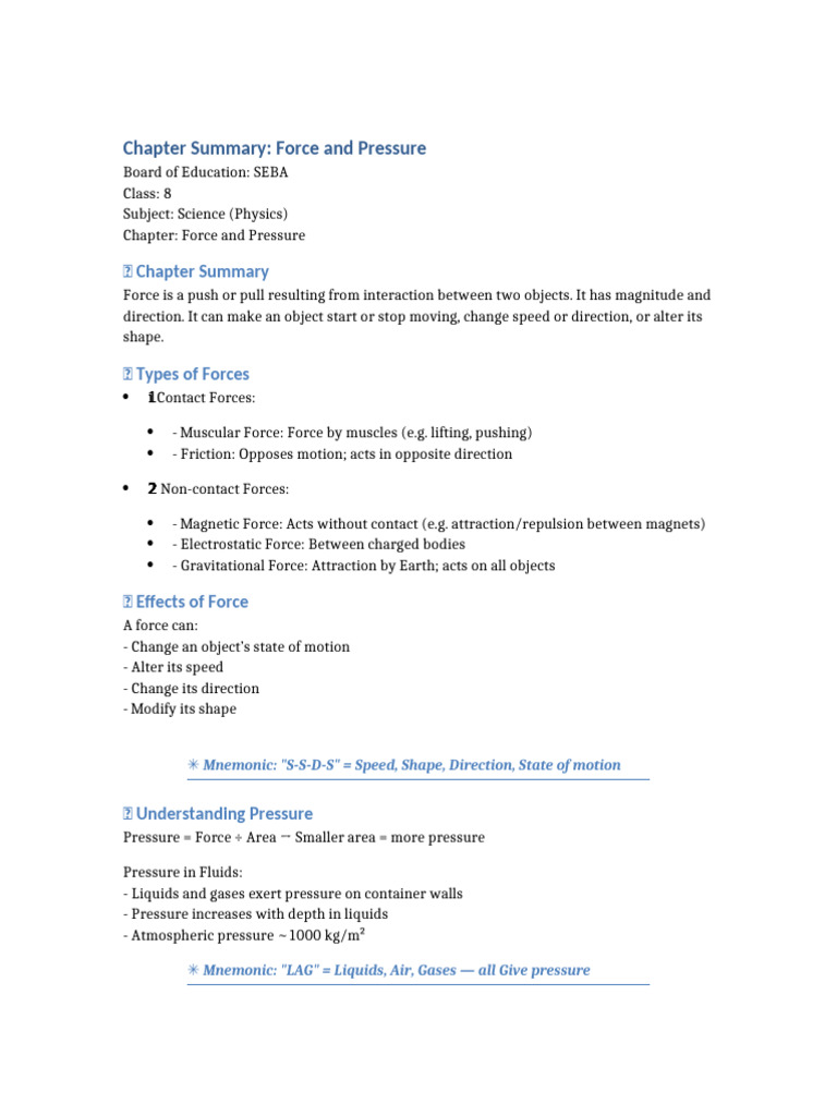 Force and Pressure Summary SEBA Class8 | PDF