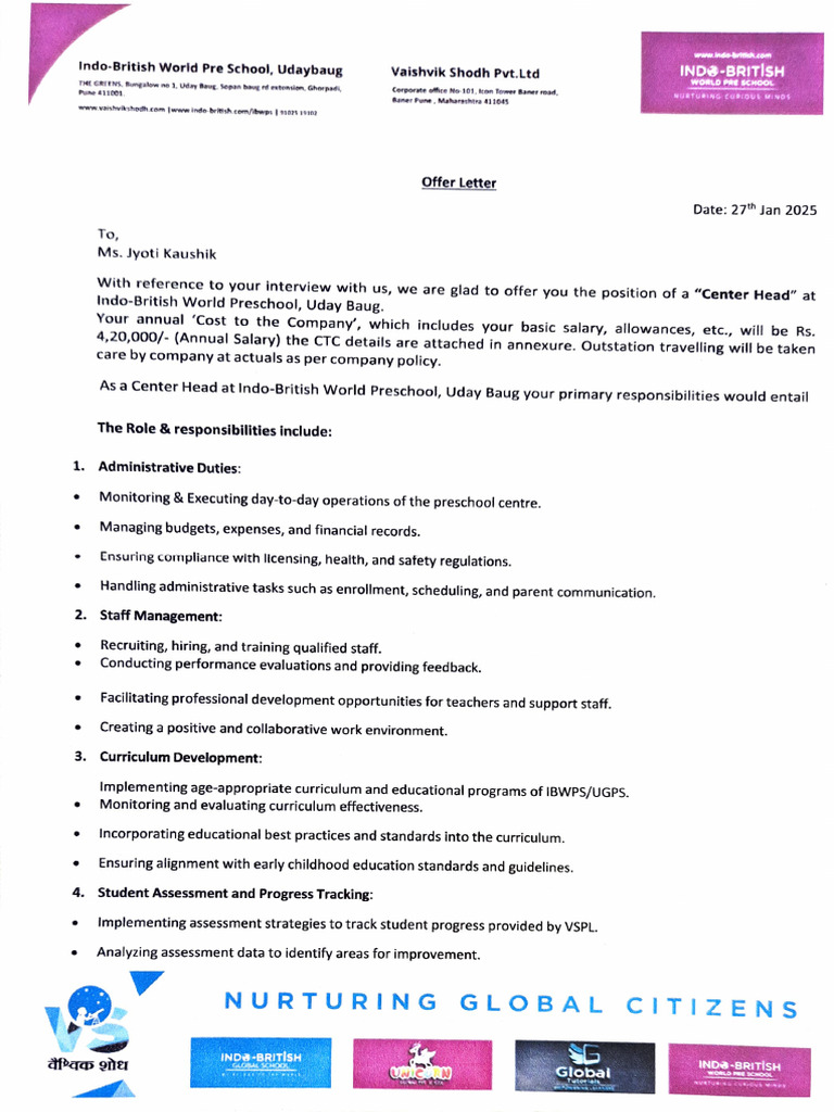 Center Head Offer at Indo-British Preschool | PDF | Preschool