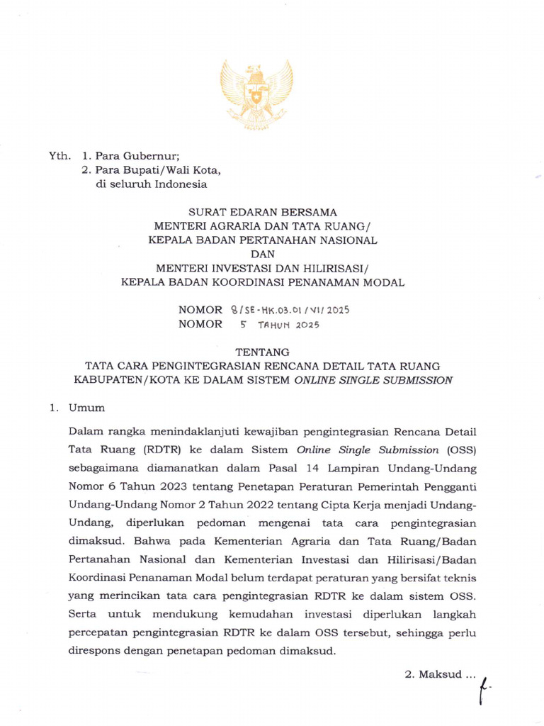Seb Tata Cara Integrasi RDTR Oss - BKPM | PDF
