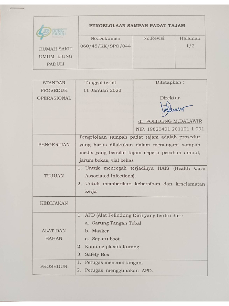 SPO Pengelolaan Sampah Padat Tajam | PDF