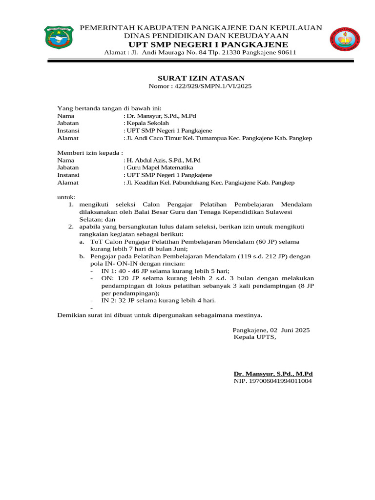 Surat Izin Atasan Abd. Azis | PDF