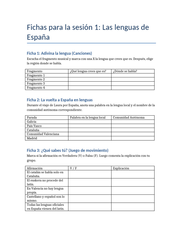 Fichas Sesion1 Lenguas Espana | PDF