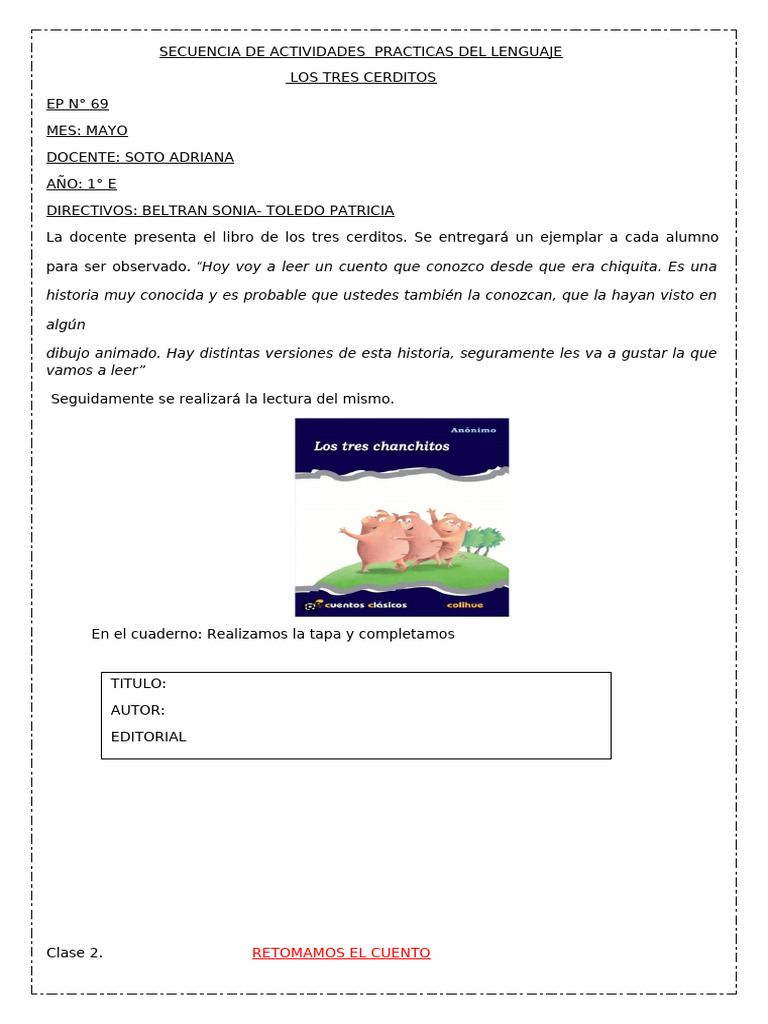 Actividades del Cuento Los Tres Cerditos | PDF