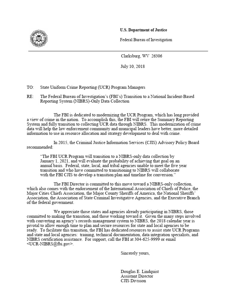 FBI Letter On Nibrs Transition 071018 | PDF | Uniform Crime Reports | American Government