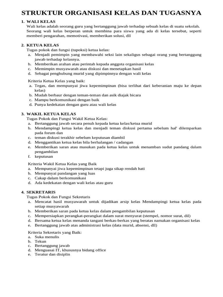 Struktur Organisasi Kelas Dan Tugasnya | PDF