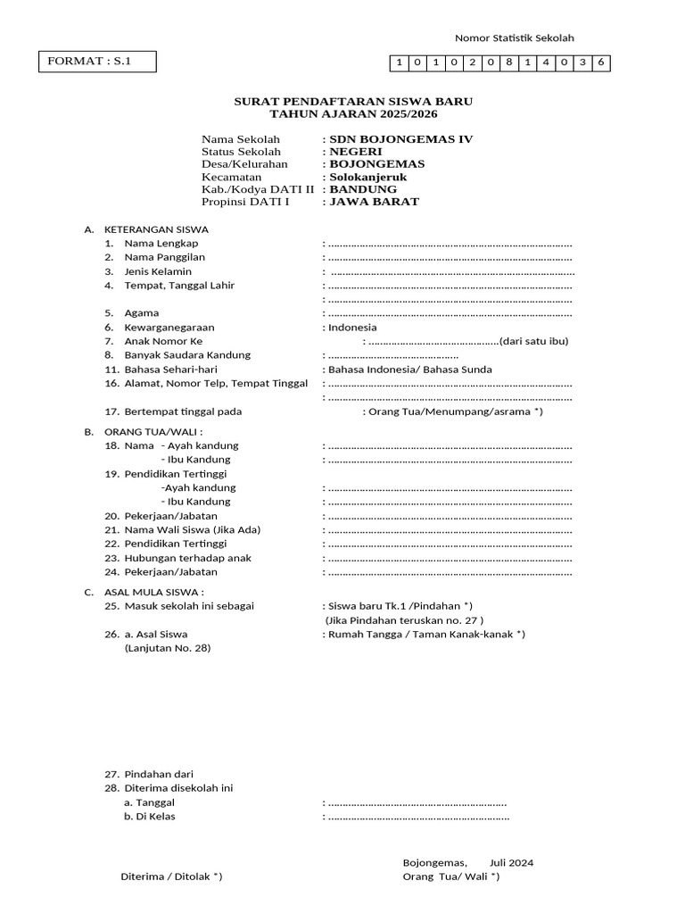(Format s.1) Surat Pendaftaran Siswa Baru | PDF