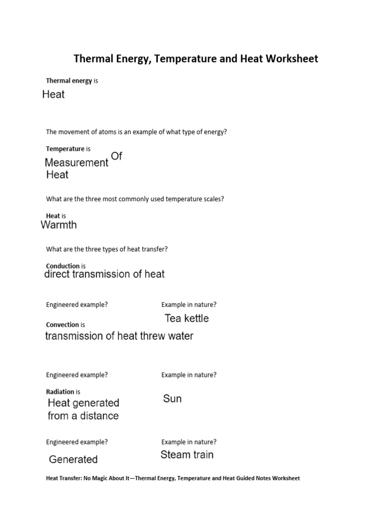 Thermal Energy Temperature and Heat Worksheet | PDF