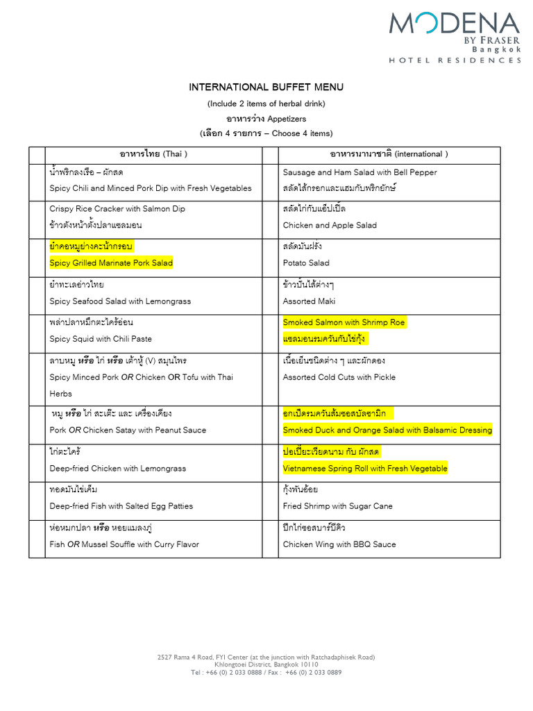 International Buffet Menu at THB 1300.-Net | PDF