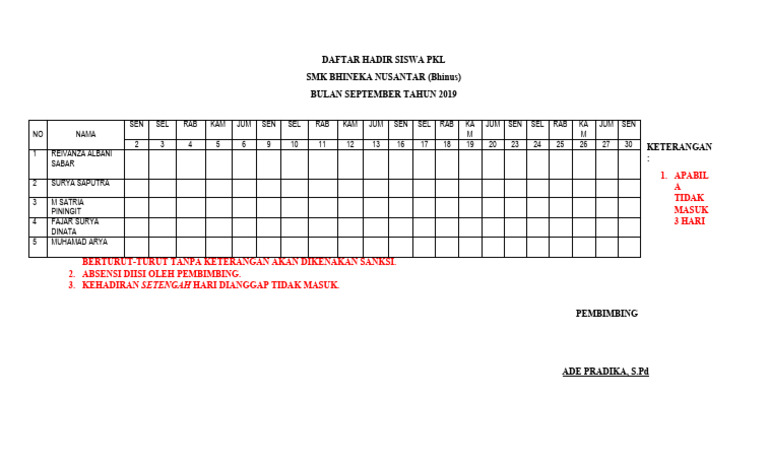 Absensi Siswa PKL | PDF