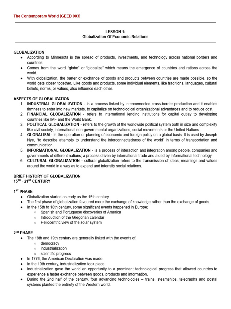 LESSON 1-11 - The Contemporary World - GEED 003 | PDF | Gold Standard ...