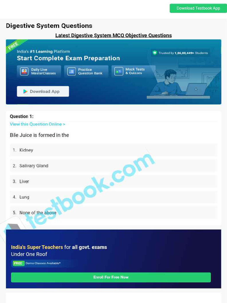 MCQ On Digestive System 5eea6a0c39140f30f369e048 | PDF