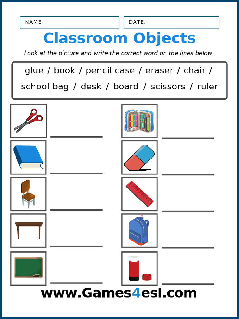 Classroom Objects Worksheet 1 | PDF